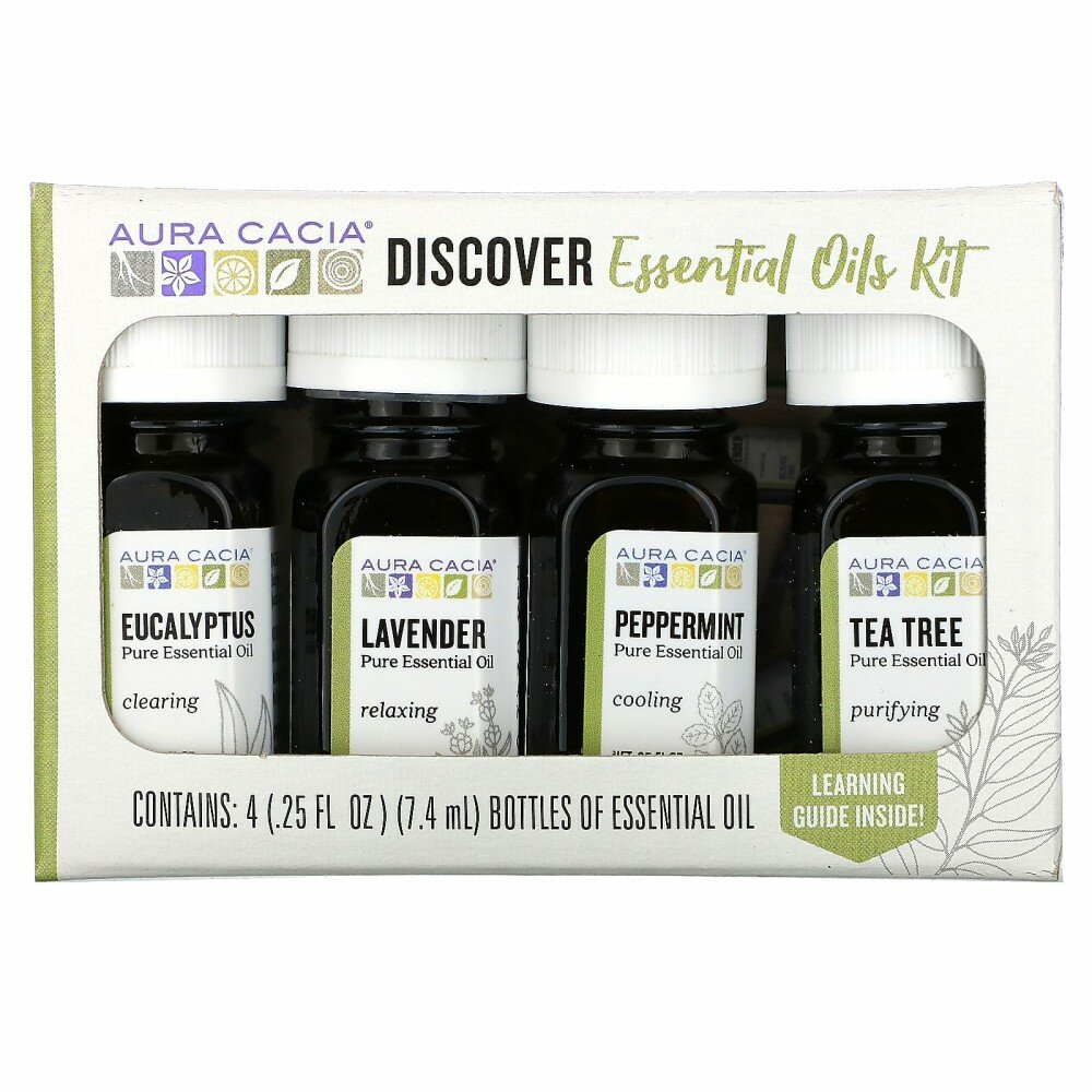 Aura Cacia, Откройте для себя комплект эфирных масел, 4 флакона, 0,25 унций (7,4 мл) каждый.