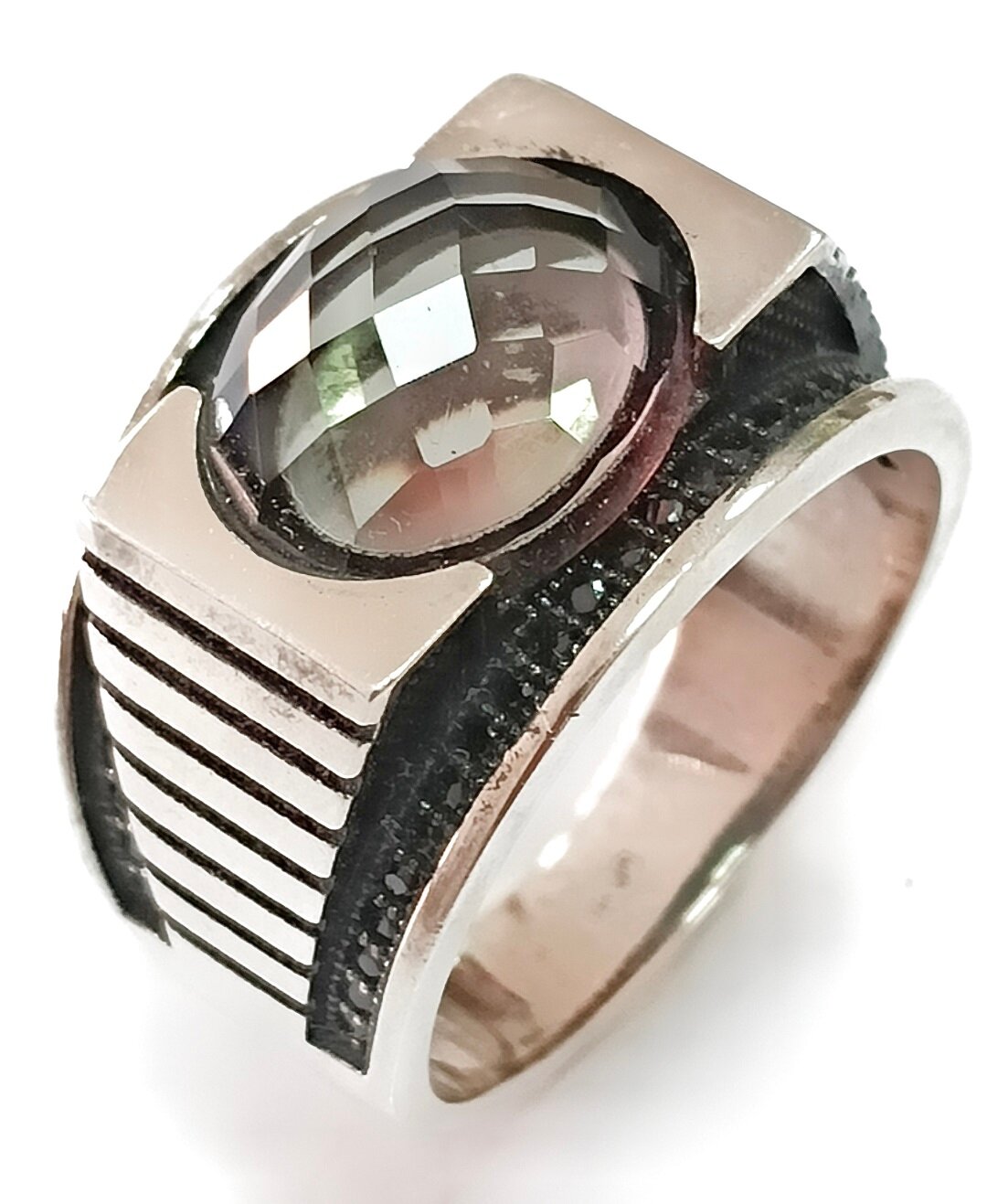 Печатка, серебро, 925 проба, оксидирование, султанит, фианит