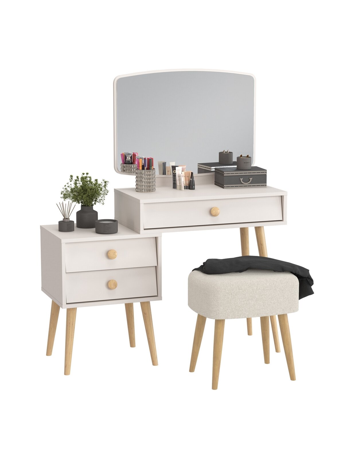 Трюмо для спальни Афина с прямоугольной банкеткой Полли, кашемир серый/ткань бежевая, 105х38,6х129 + 44х34х45 см.