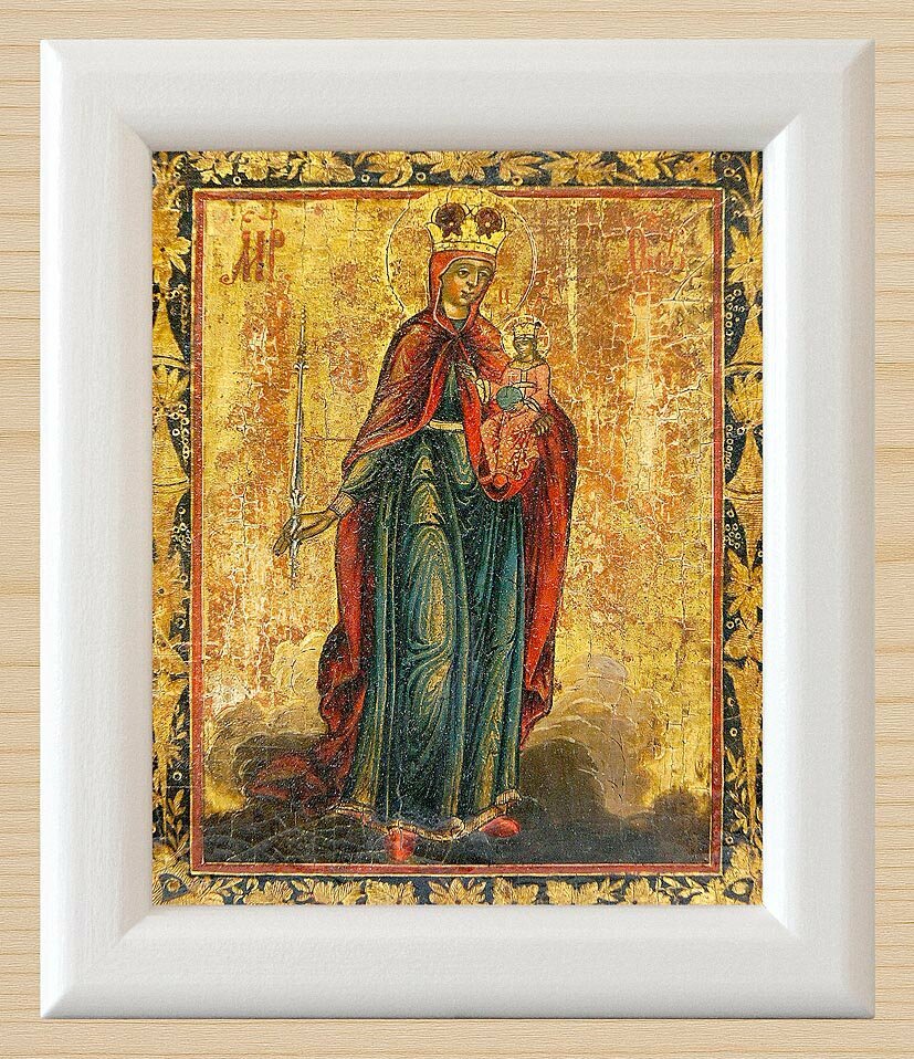 Икона Божией Матери "Благодатное небо", 1800 г, в белой деревянной рамке 12,5*14,5 см