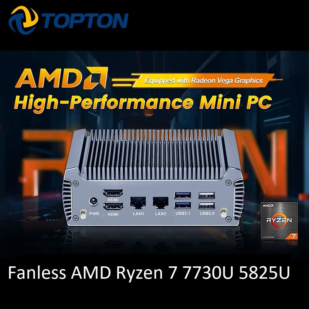 Безвентиляторный игровой мини-ПК Topton на базе AMD Ryzen 7 8GB DDR4 256GB NVMe, Ryzen 5 5625U