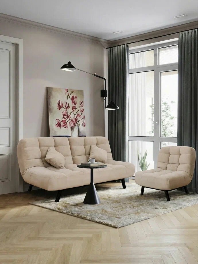 Комплект мягкой мебели Диван и Кресло 302 лофт механизм клик-кляк, материал износостойкий велюр, цвет бежевый