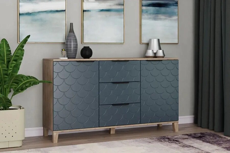 Комод МебельЛэнд24 Йорк - 3 Космея 140x40x80 синий двухдверный с 3 ящиками