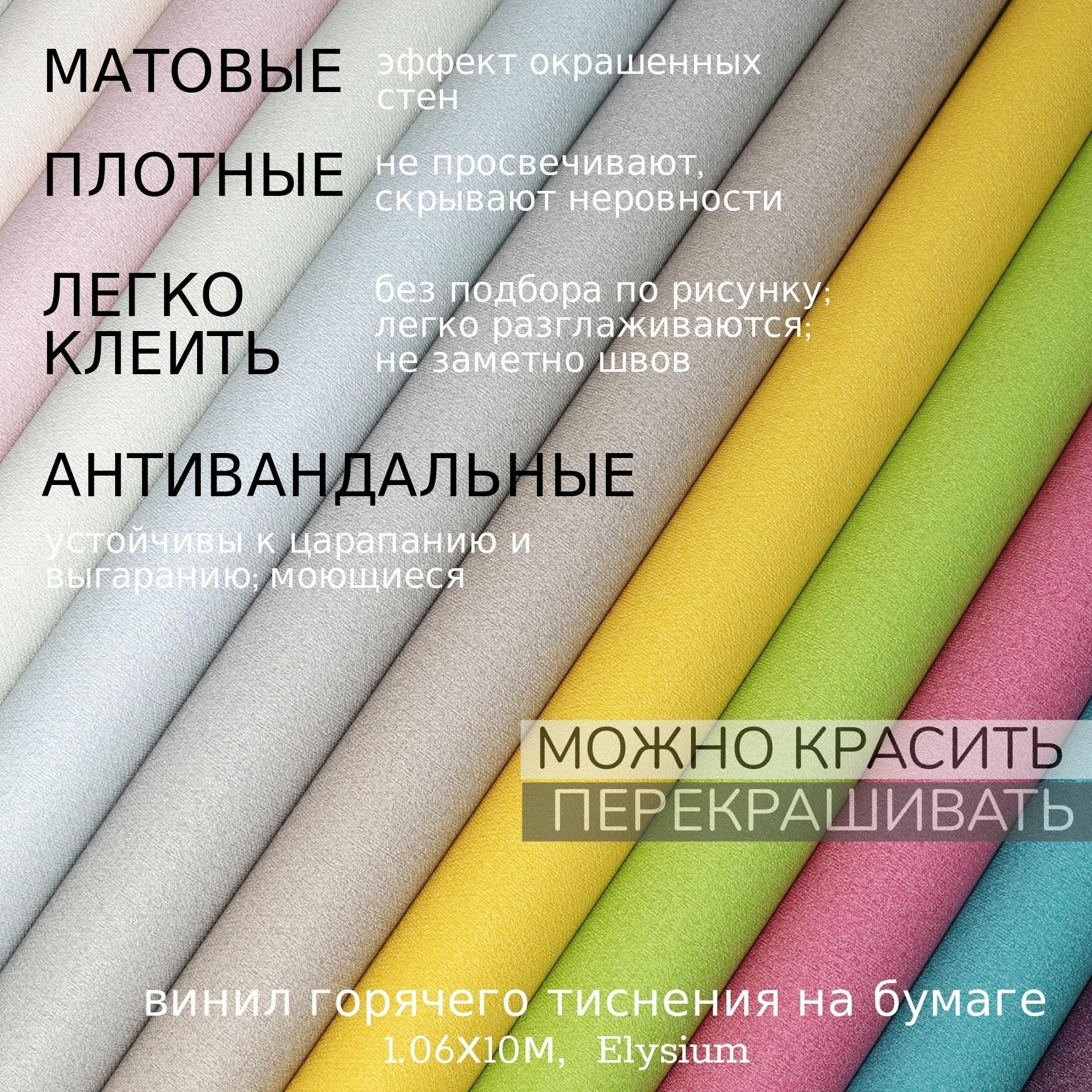 Обои виниловые 1.06х10м на бумажной основе, плотные, матовые, рогожка