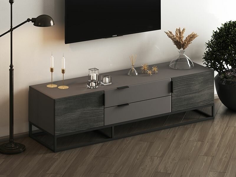 Тумба ТВ в гостиную "Лофт Вуд 3" 180х48х50, кобальт серый/северное дерево темное