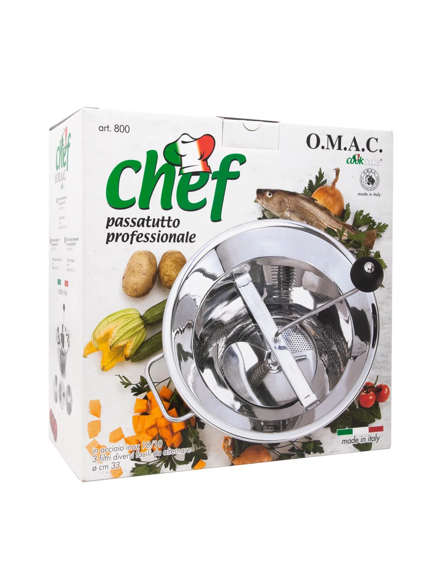 Cито для протирания овощей, фруктов, томатов в пюре OMAC 800 Chef, диаметр 33 см, 3 диска, Италия