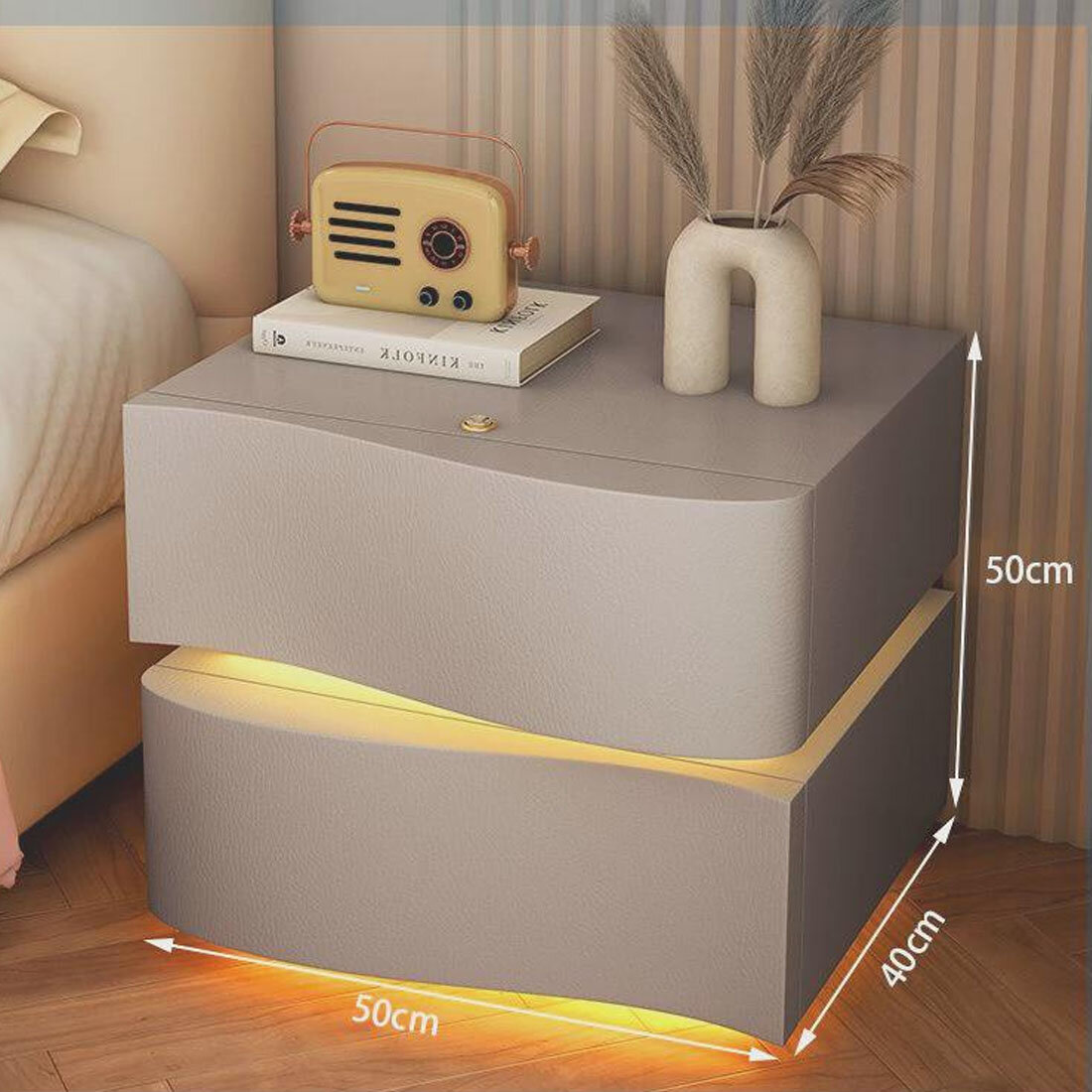 Прикроватная кожаная тумбочка с подсветкой Lumina (серый, ширина 50 см)