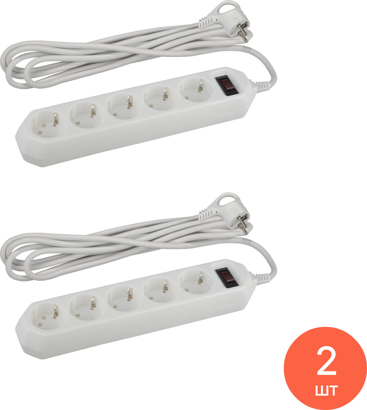 Удлинитель бытовой ЭРА USF-M-5es-3m-W с заземлением и выключателем 3x0.75мм², 3 метра, 5 розеток белый Б0019033 / сетевой фильтр (комплект из 2 шт)
