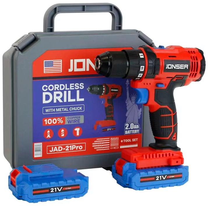 Аккумуляторный шуруповерт Jonser JAD-21PRO 21В, 2Акк 2Ач, 50Нм кейс с набором бит/головок/свёрел