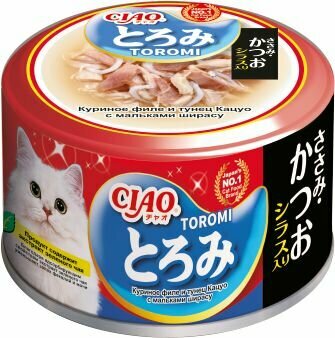 INABA CIAO Корм влажный для кошек Toromi Куриное филе и тунец Кацуо с мальками ширасу в бульоне 80г*6шт(480гр.)
