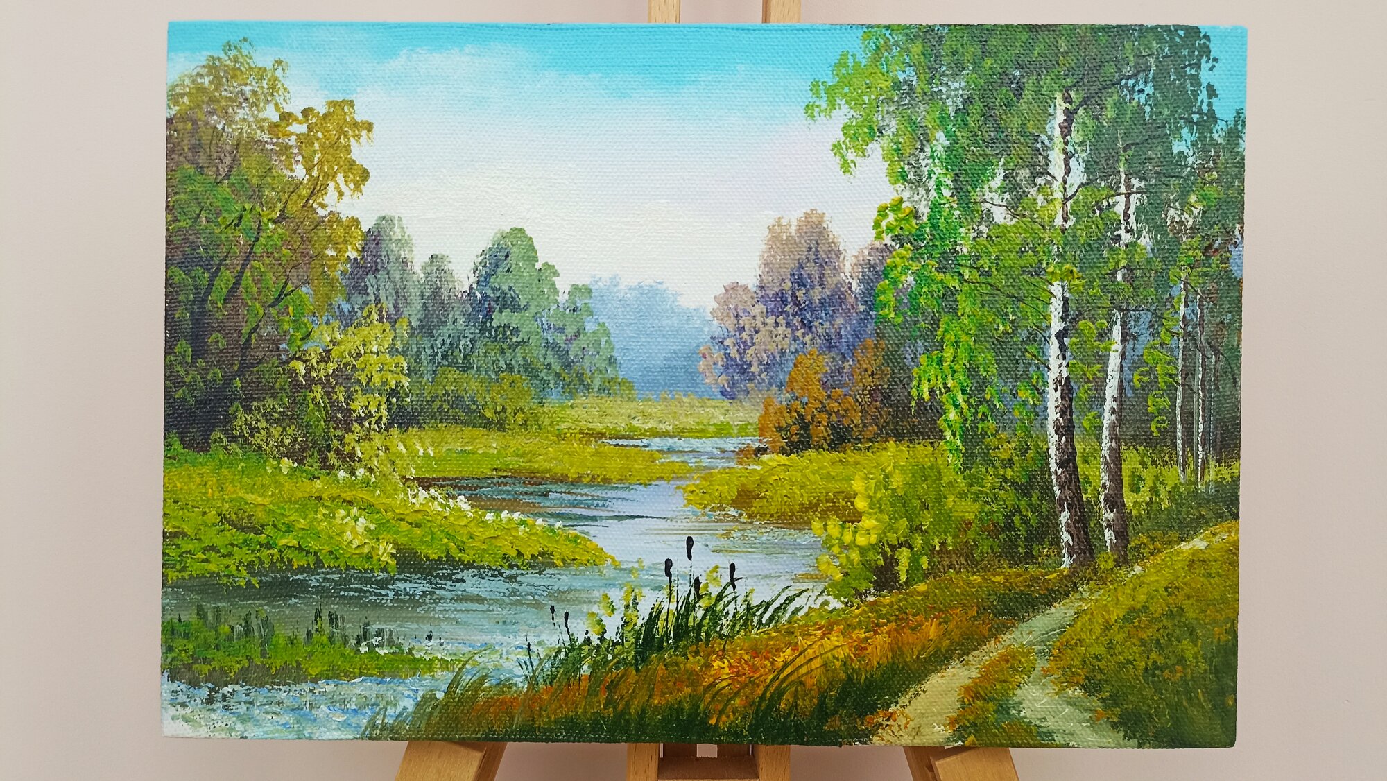 Масло/холст. 100% ручная работа, 100% живопись. Худ. мастерская Грëзы. Серия "Летние пейзажи". Река. Берëзки. 20х30 см