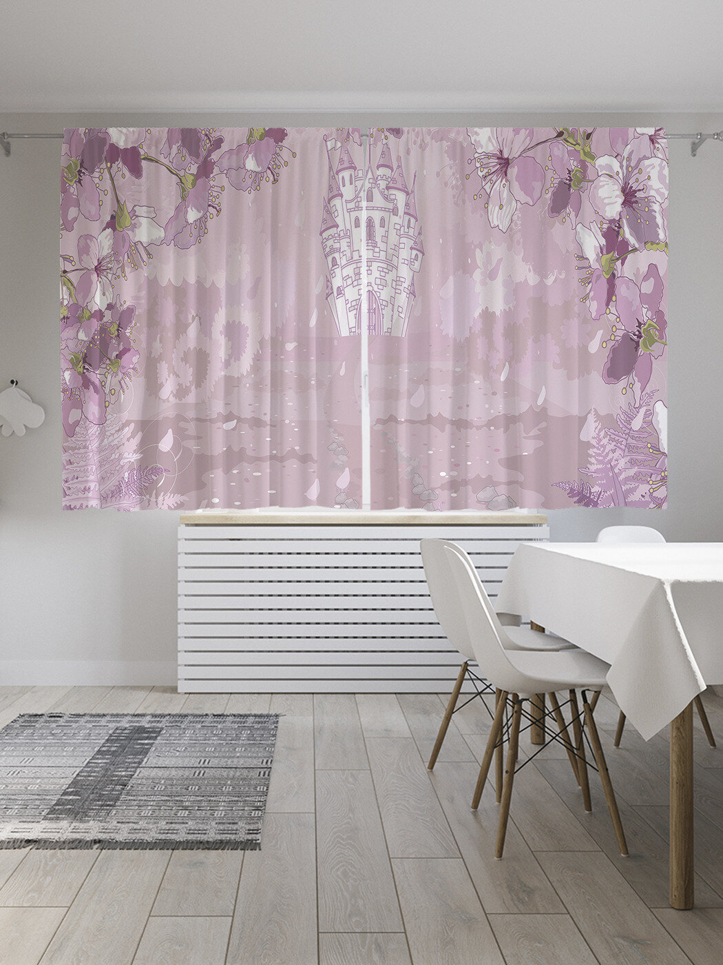Фотошторы короткие "Волшебный замок в цветах", 2 полотна шириной по 145 см, высота 180 см, JoyArty