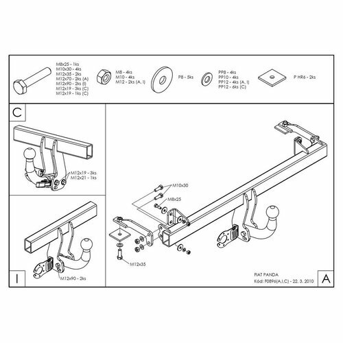Фаркоп оцинкованный FIAT Panda 2003-2012 условно-съемное крепление шара GALIA F089A