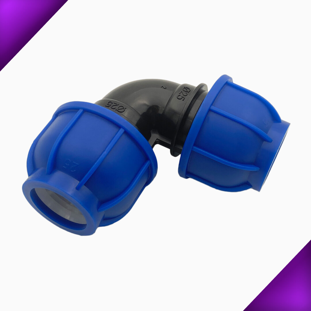 Угол 25х25; ПНД; Отвод; Компрессионный; Равнопроходной; Цанговое соединение. В комплекте 1 шт.