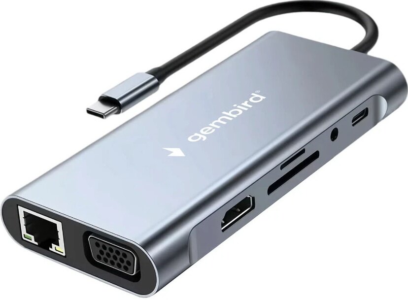 Gembird Док-станция Type-C->3 порта USB3.1 + 1 порт HDMI + 1 порт D-Sub + 1 порт LAN 1ГБит/сек. + 1 порт Type-C + CR + аудио Gembird UHB-D4, серый (ret)