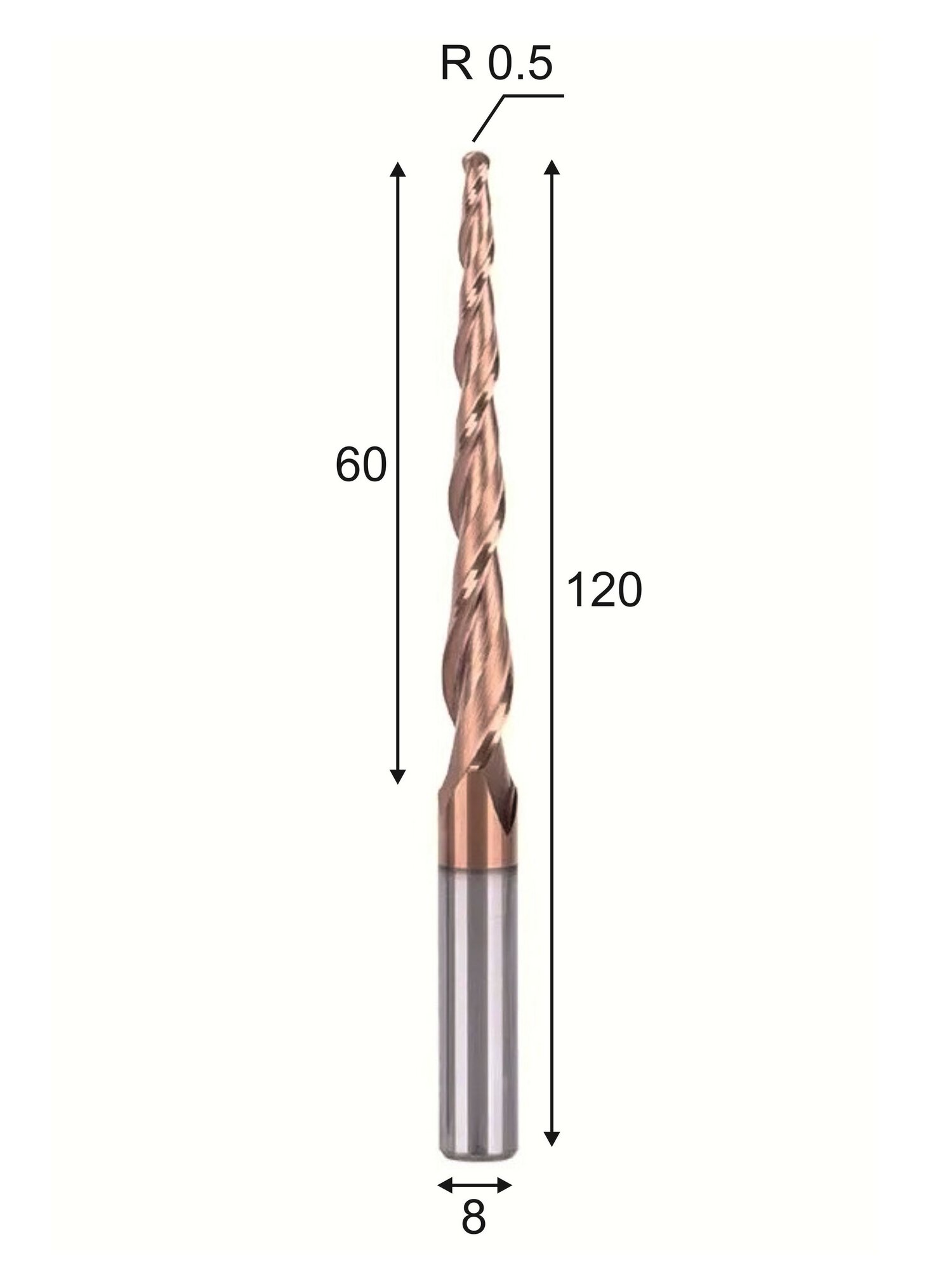 Фреза конусная двухзаходная сферическая для станков с ЧПУ R0.5х60х120х8
