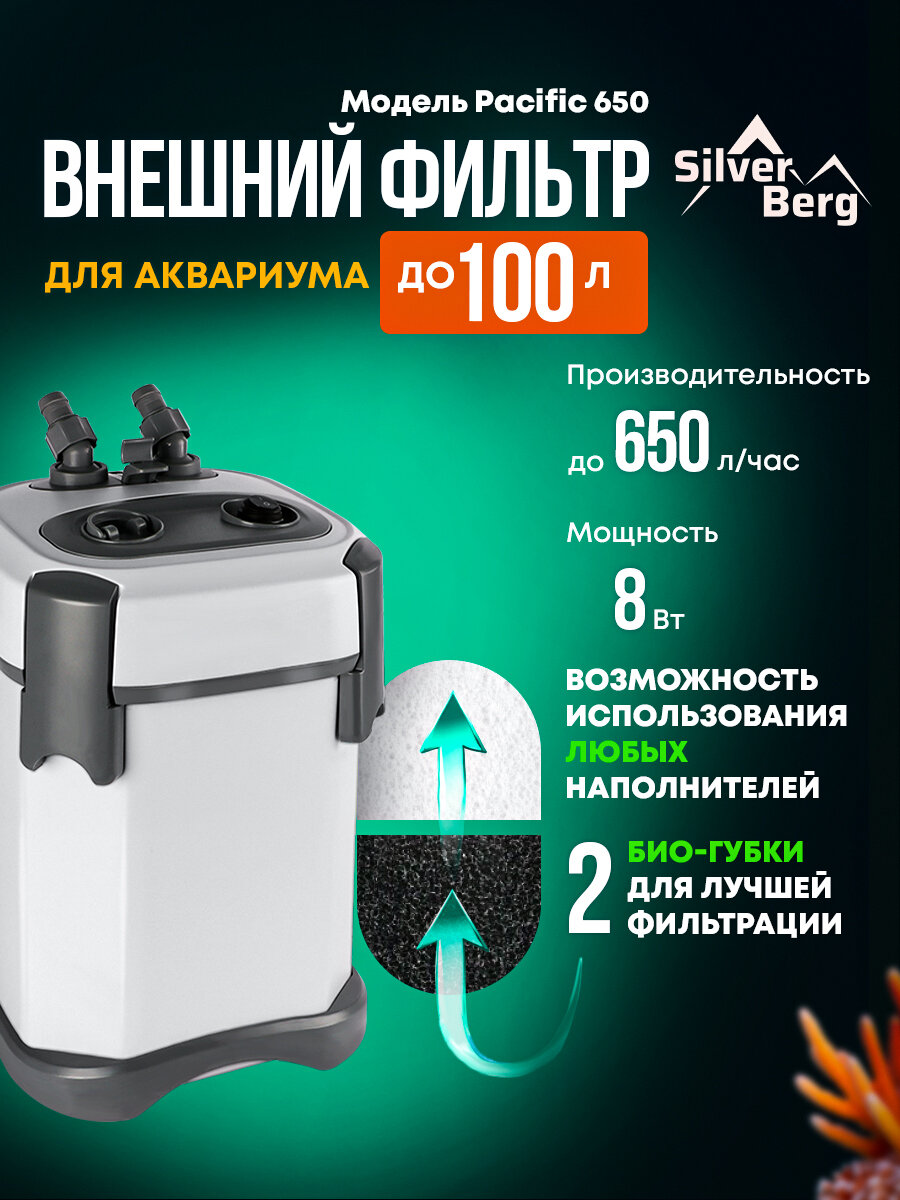 Внешний фильтр для аквариума до100л, с аэрацией, Silver Berg Pacific 650, канистровый фильтр