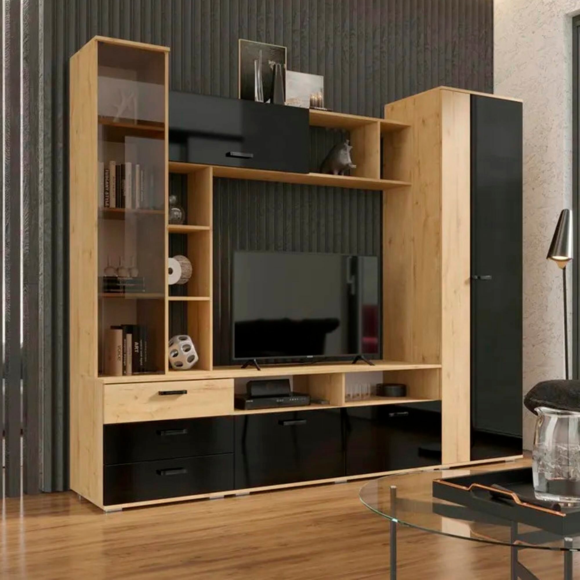 Cтенка в гостиную Крокус Дуб вотан / Черный глянец, ширина 270 см, под телевизор со шкафом витриной, с стеклом