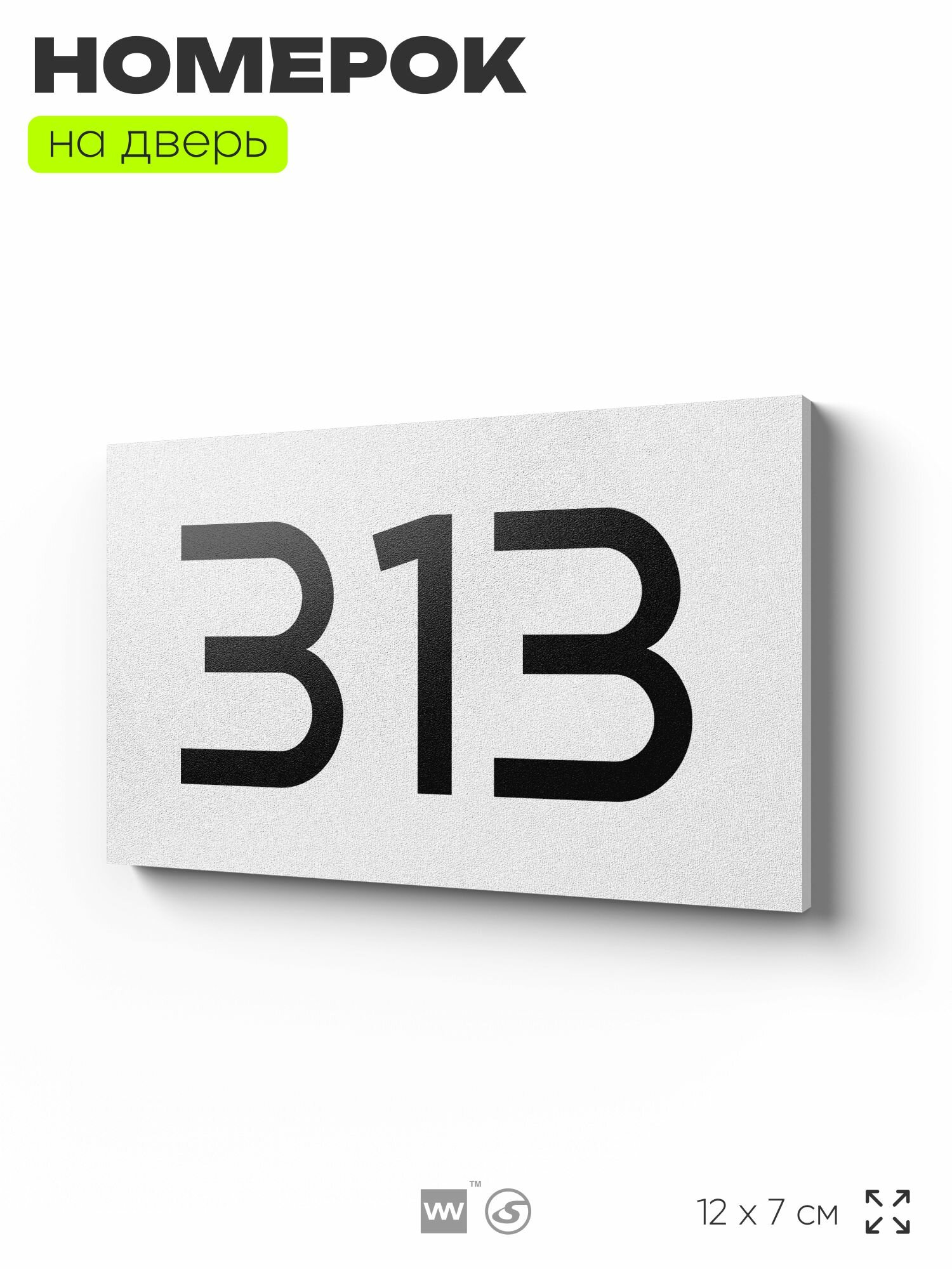 Номер на дверь 313, табличка на дверь для офиса, квартиры, кабинета, аудитории, склада, белая 120х70 мм, Айдентика Технолоджи