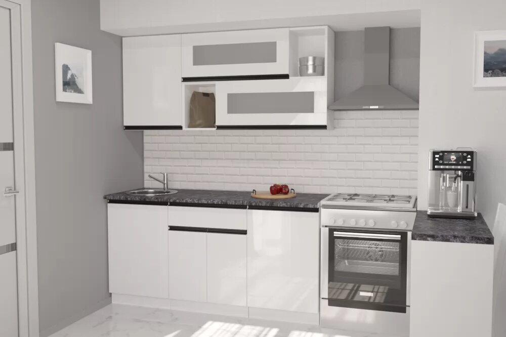 Кухонный гарнитур Герда Лотос стандарт 1600 мм, каркас ЛДСП, фасад ЛДСП, Белый/Белый глянец/Кастилло темный