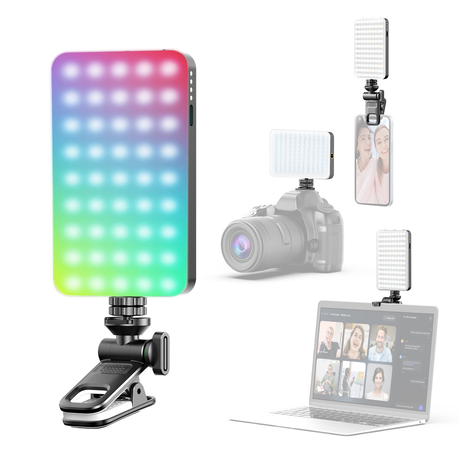 Pocket RGB Fill Light LED Video Light 2500K-9000K Dimmable 10 Scene Lighting Effects для Компьютера Планшета Мобильного Телефона Камеры DSLR с Встроенной Батарейкой Клеем для Экрана и Крепежом Cold Shoe Mount