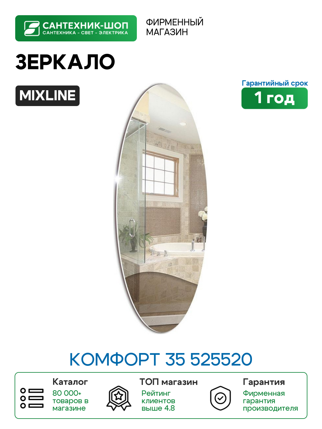 Зеркало Mixline Комфорт 35 525520 с полированной кромкой