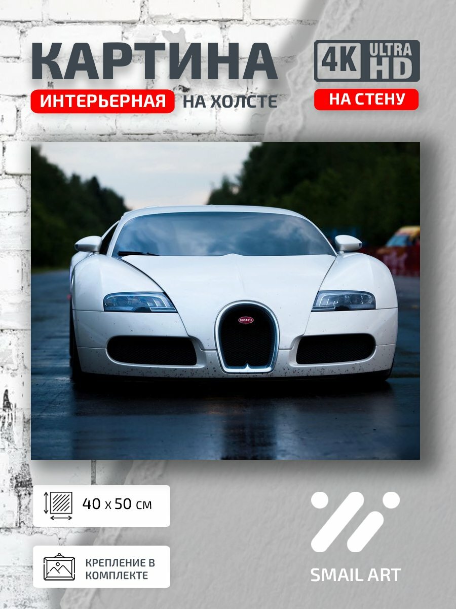 Картина на холсте интерьерная 40 на 50 на стену Белая bugatti для офиса авто дизайн декор