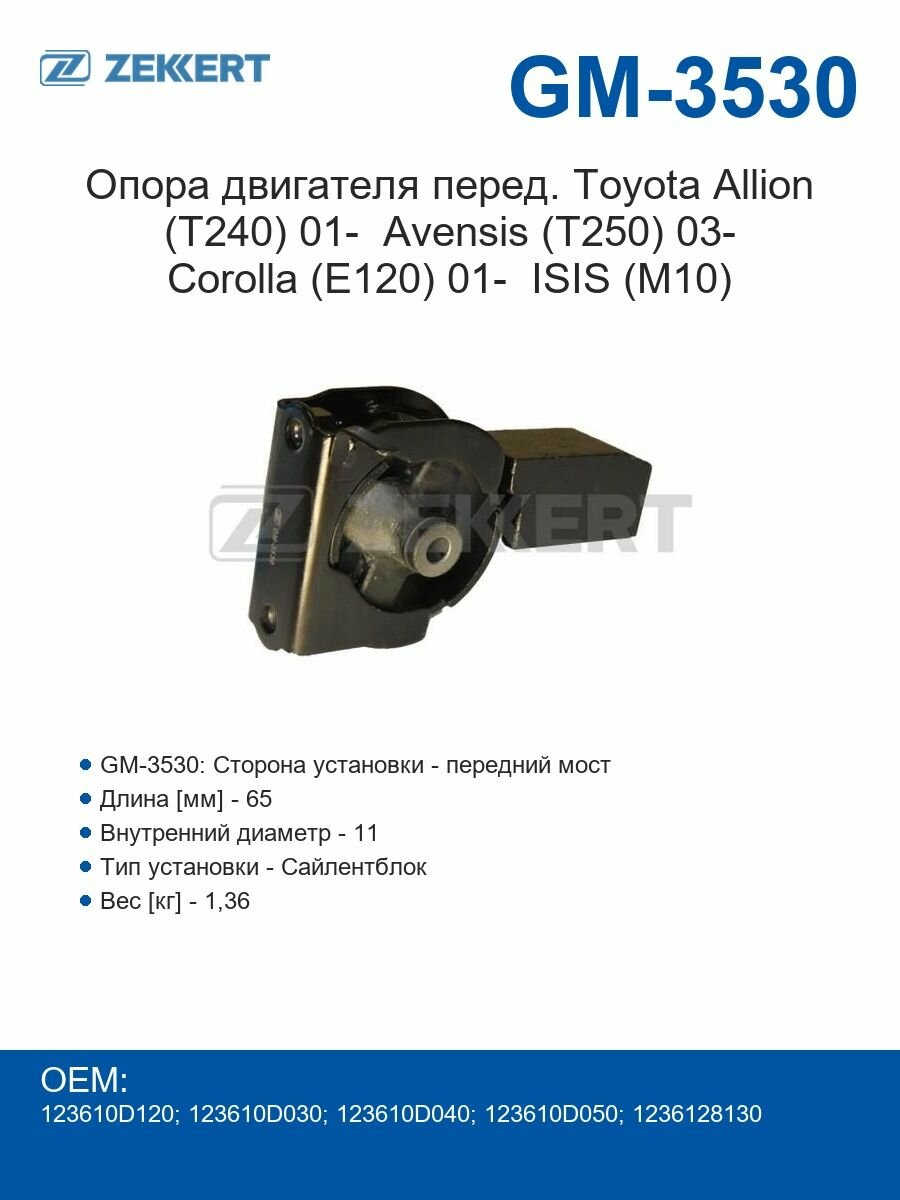 Zekkert Опора двигателя передняя Toyota Allion (T240) с 2001 года Avensis (T250) с 2003 года Corolla (E120) с 2001 года ISIS (M10)