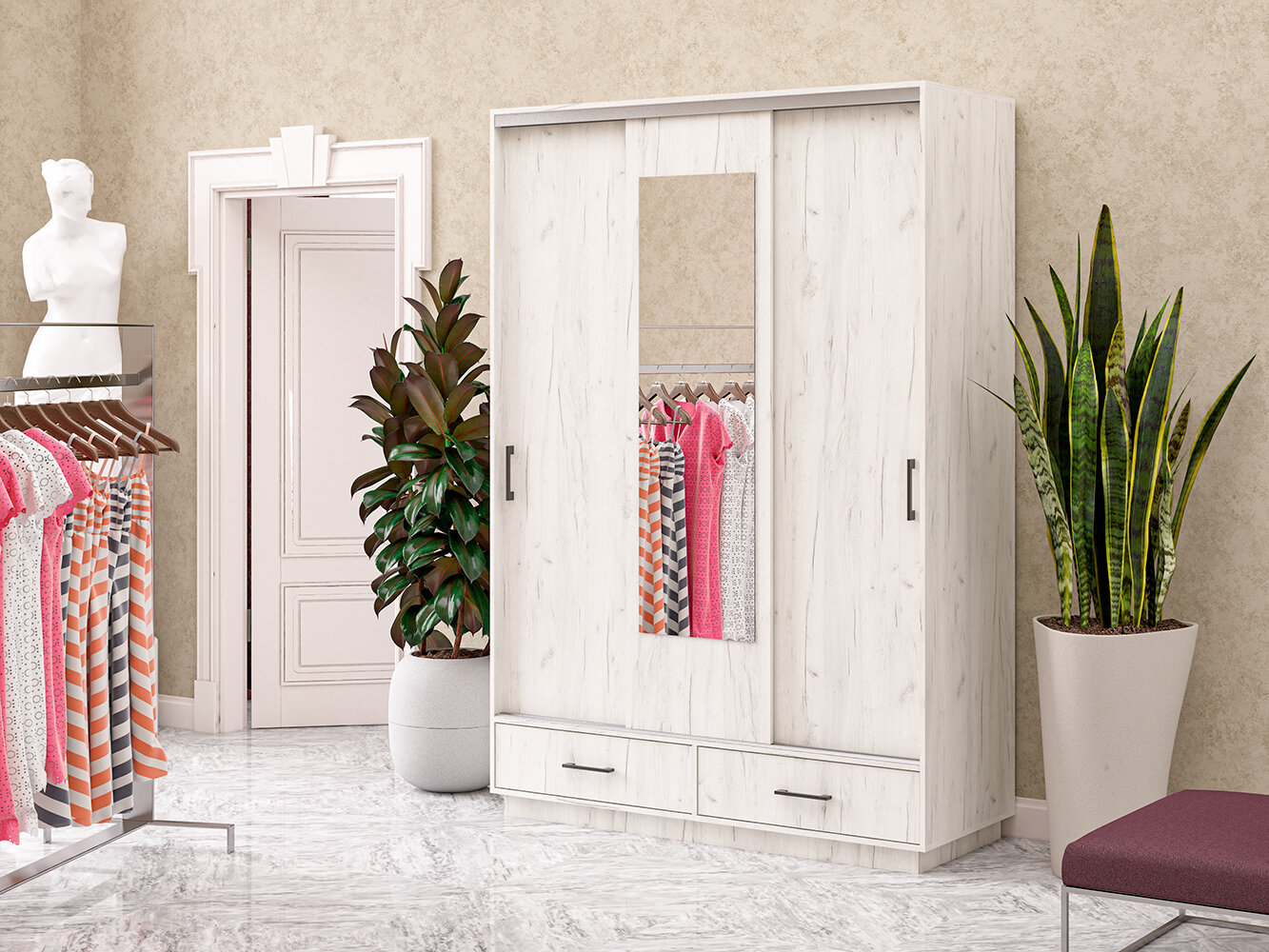 Шкаф МК"Пирамида" Шон-05, трехдверный с зеркалом, цвет крафт светлый, 220х150х60 см