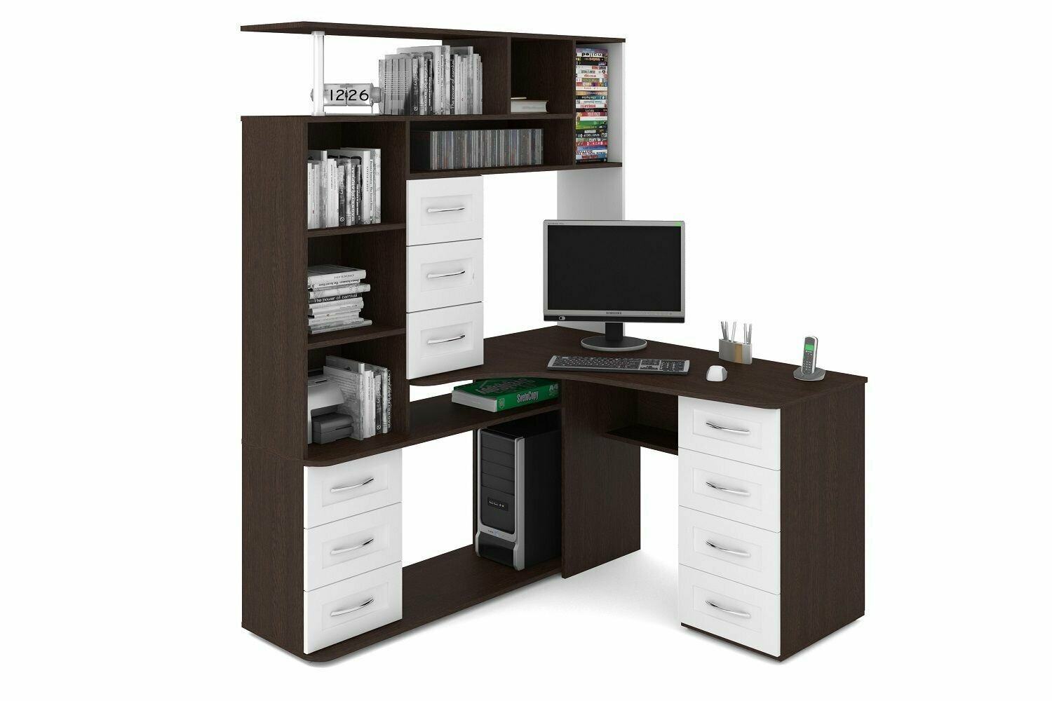 Стол компьютерный СКУ-5 МДФ корпус венге цаво, фасад белый, надстройка слева, рамка квадро