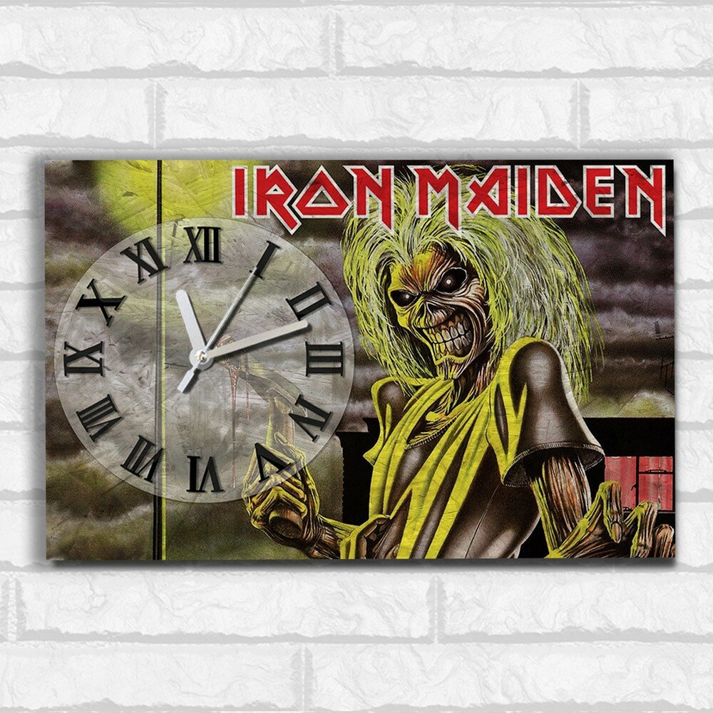 Настенные бесшумные часы ОСБ со смещенным циферблатом Музыка Iron Maiden (Рок, Хеви Металл, Хард рок ) - 2511