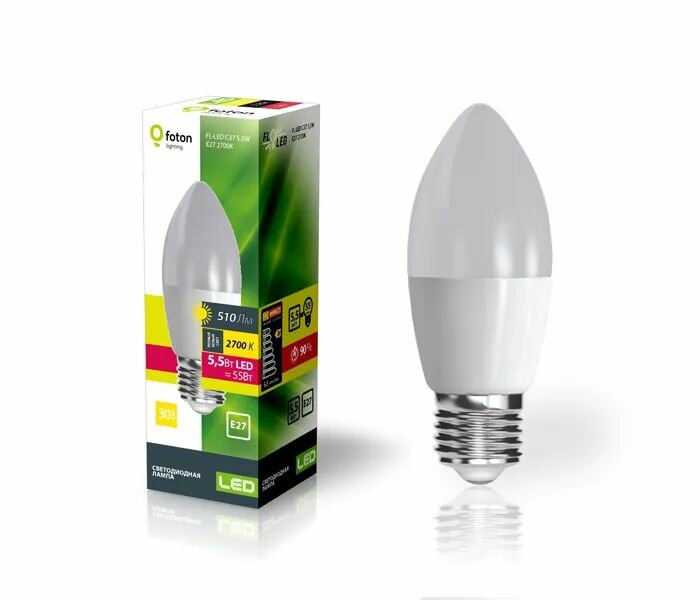 1шт/уп. Лампа LED Свечка 5.5Вт 220-240В E27 510Лм 2700К Угол 160 град. d 37mm h 100mm Свет Теплый белый Foton Lighting, уп. 1шт