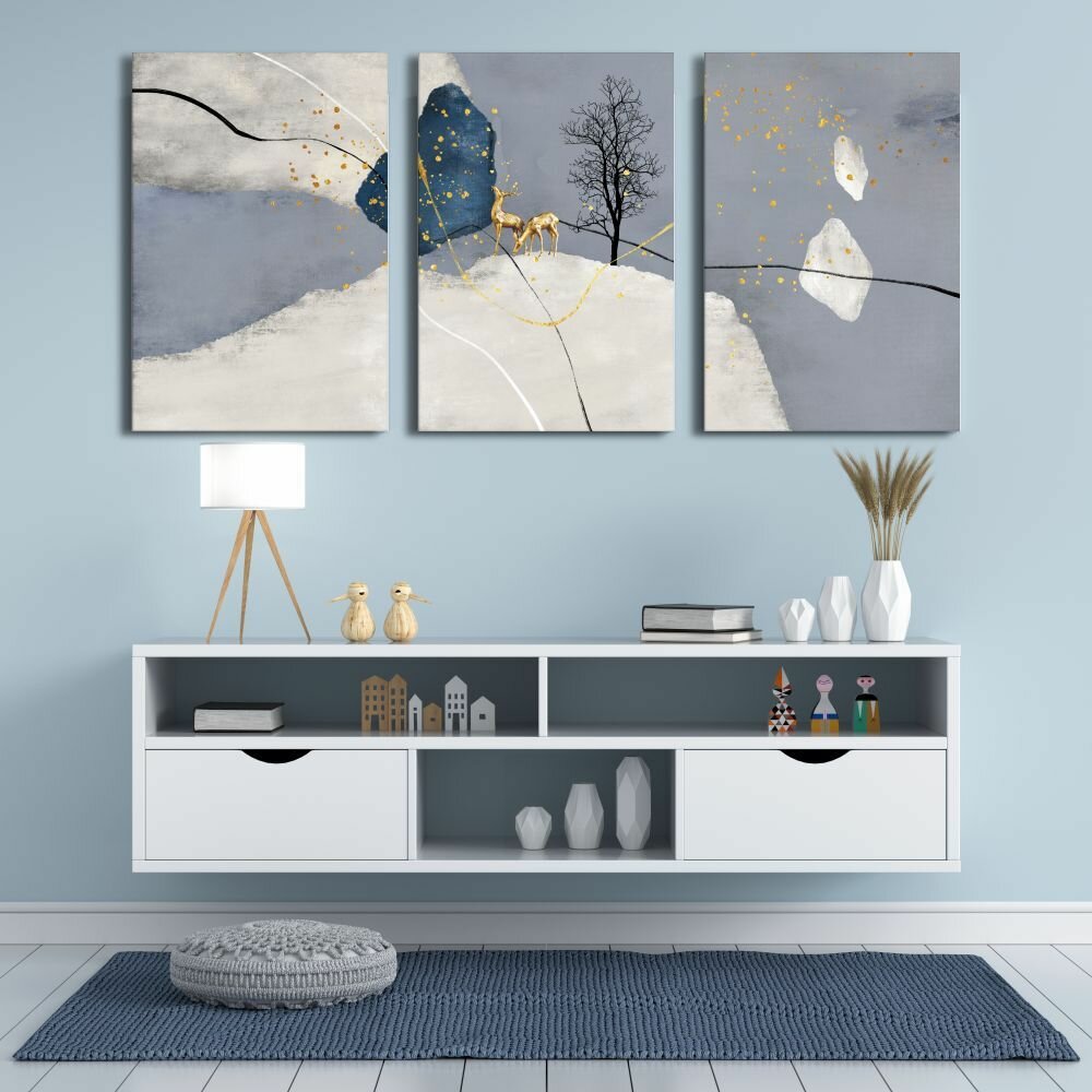 Картина на стену, интерьерная "Два золотых оленя в тумане", 150 см х 70 см