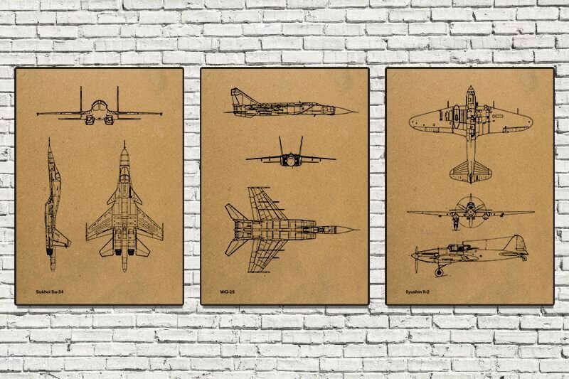 Набор постеров А3 - ччертежи самолетов истребителей - Миг, ИЛ и СУ (3 крафт плаката А3)