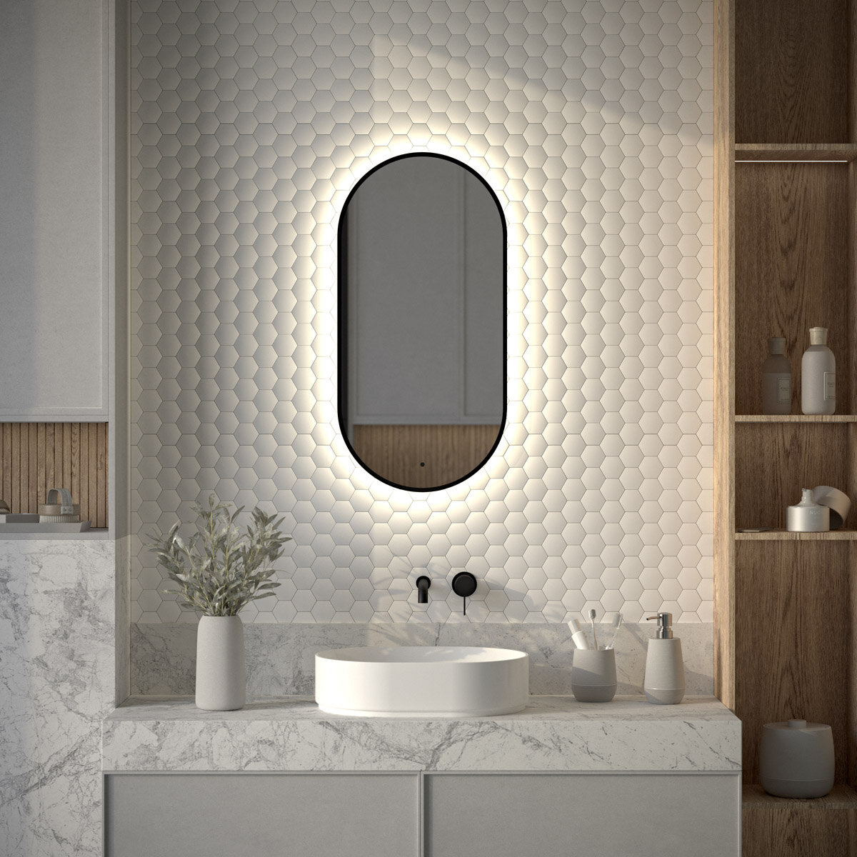 Зеркало с окантовкой и LED-подсветкой настенное AURA DEFESTO 40x80 см (ИК - выключатель), для гостиной, прихожей, спальни, кабинета и ванной комнаты, DF 2922R