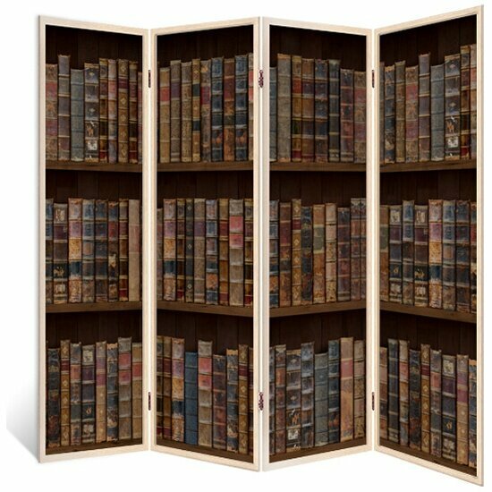 Ширма перегородка Декор Депо для комнаты деревянная "Читальный зал" двухсторонняя с картинкой (уют) 4 створки кремовый дуб 176х185 см 14 кг