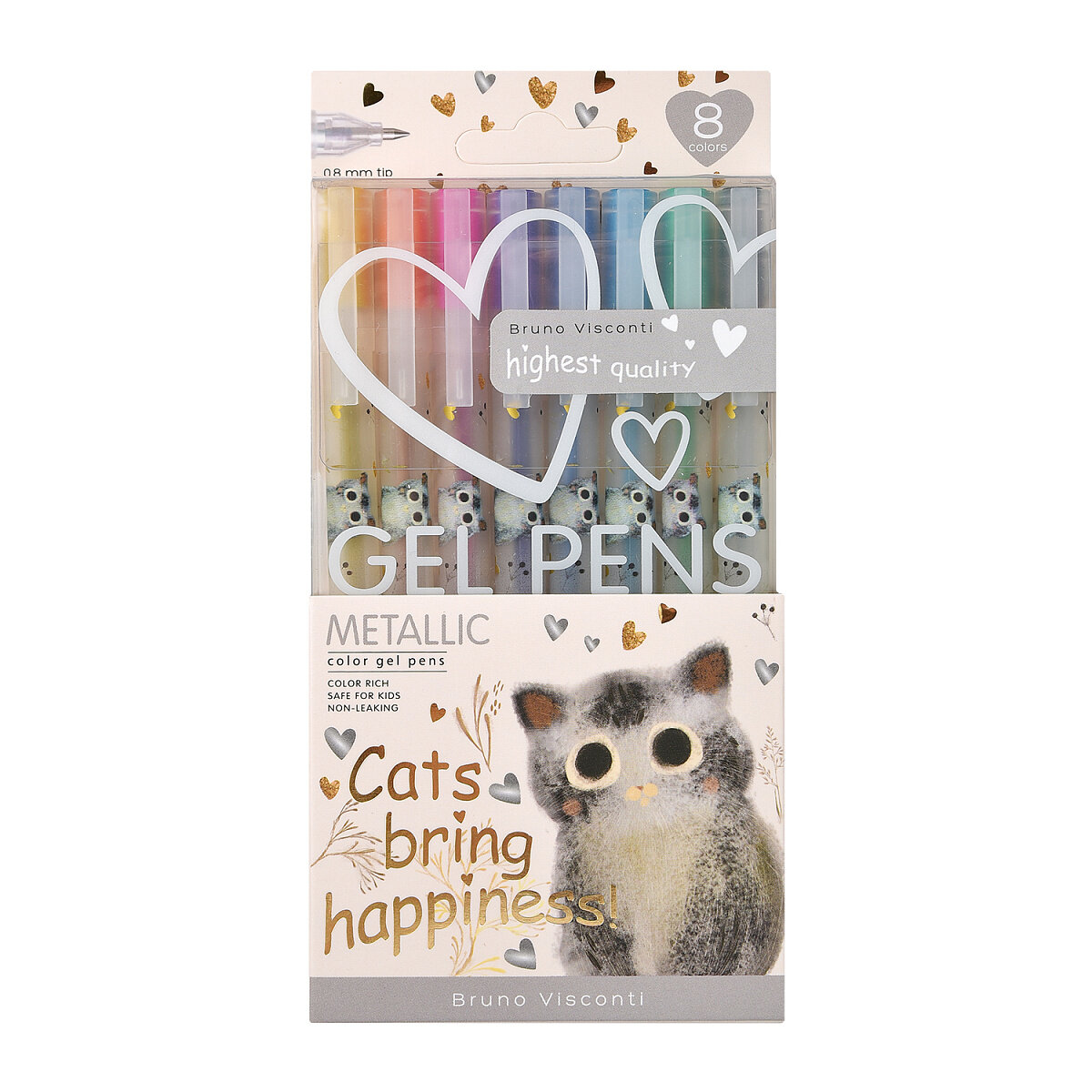 Набор гелевых ручек "METALLIC. котики приносят счастье", 0.8 мм, 8 цветов