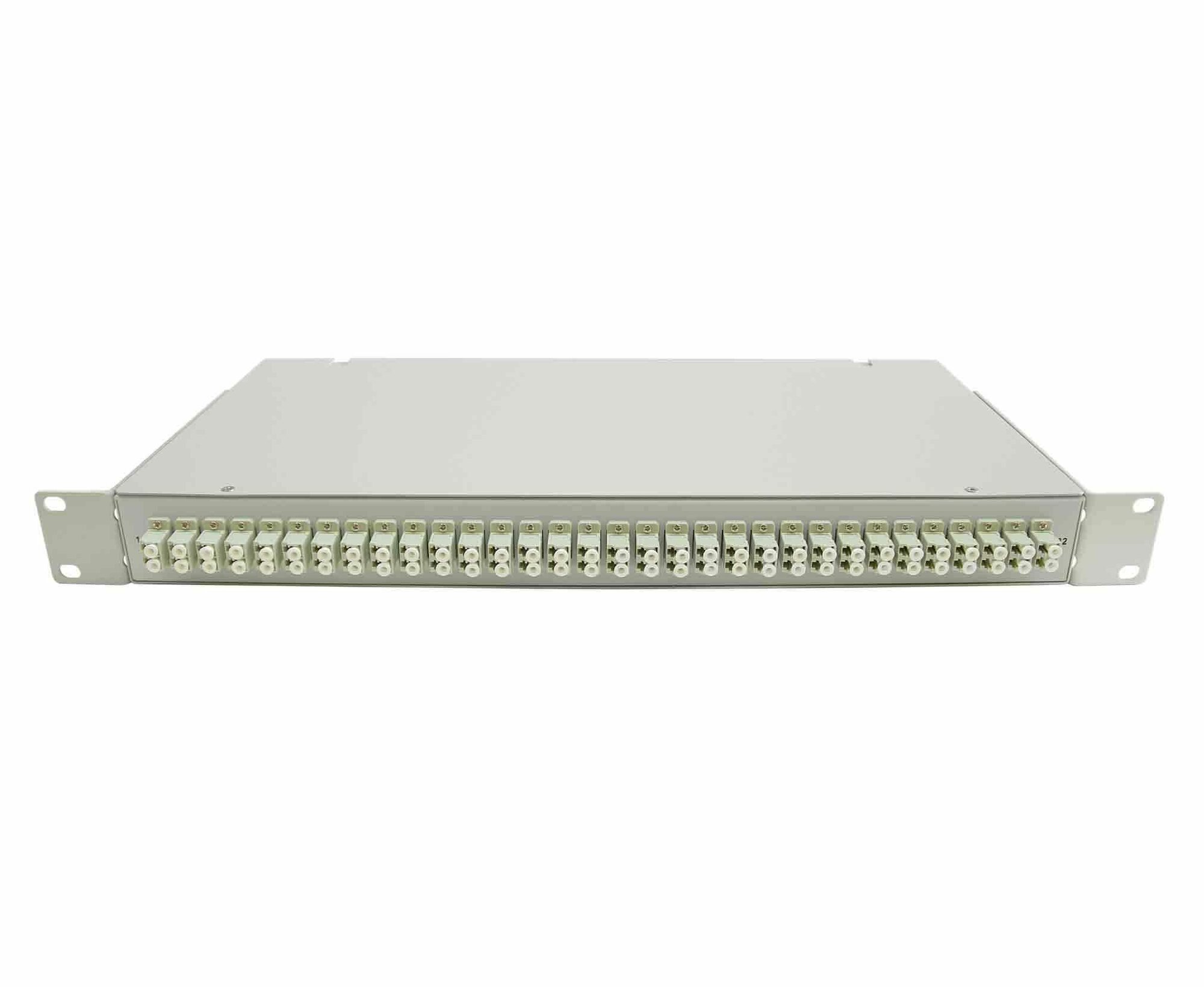 Кросс стоечный оптический VIMCOM 19' укомплектованный 1U, 64 порта LC/UPC, 9/125 мкм (сплайс-кассета, пигтейлы, адаптеры, КДЗС), сплошная панель, серый.