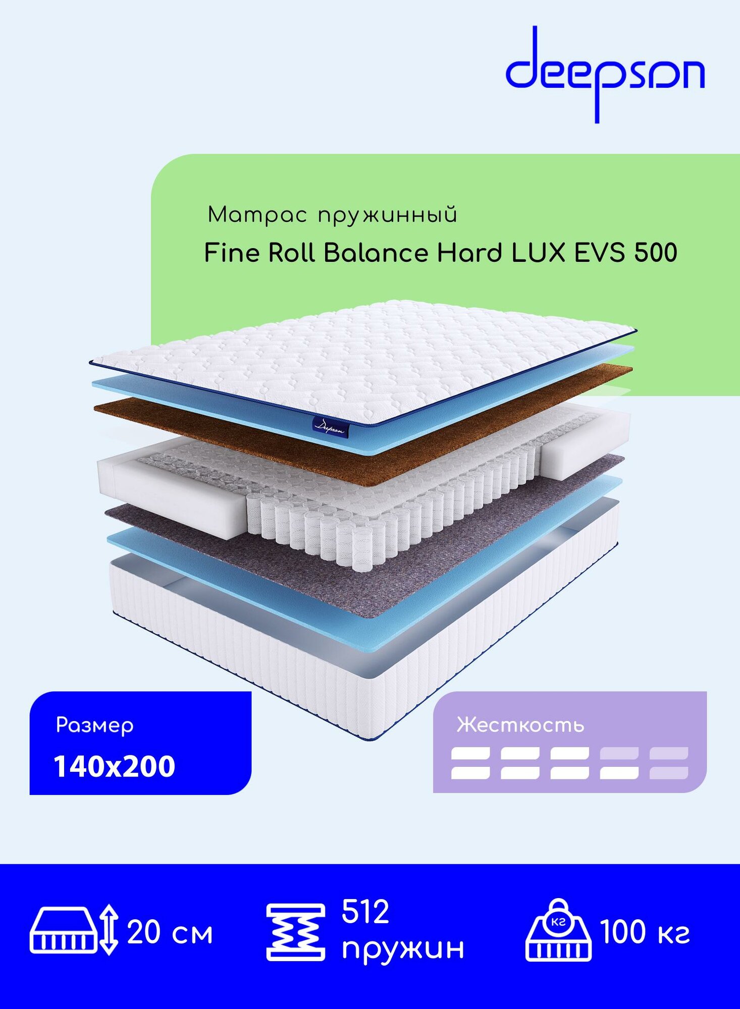 Матрас 140x200 ортопедический пружинный Fine Roll Balance Hard LUX EVS 500 высота 20 см