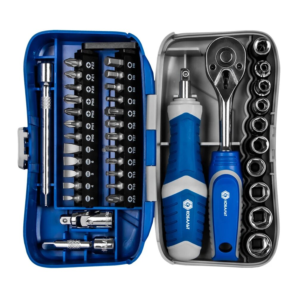 Набор бит и головок с трещоткой кобальт CR-V, 24 биты, 9 головок, трещотка, отверточная рукоятка, 2 удлинителя, шарнир, держатель бит, кейс+блистер, 39 предметов 915-083