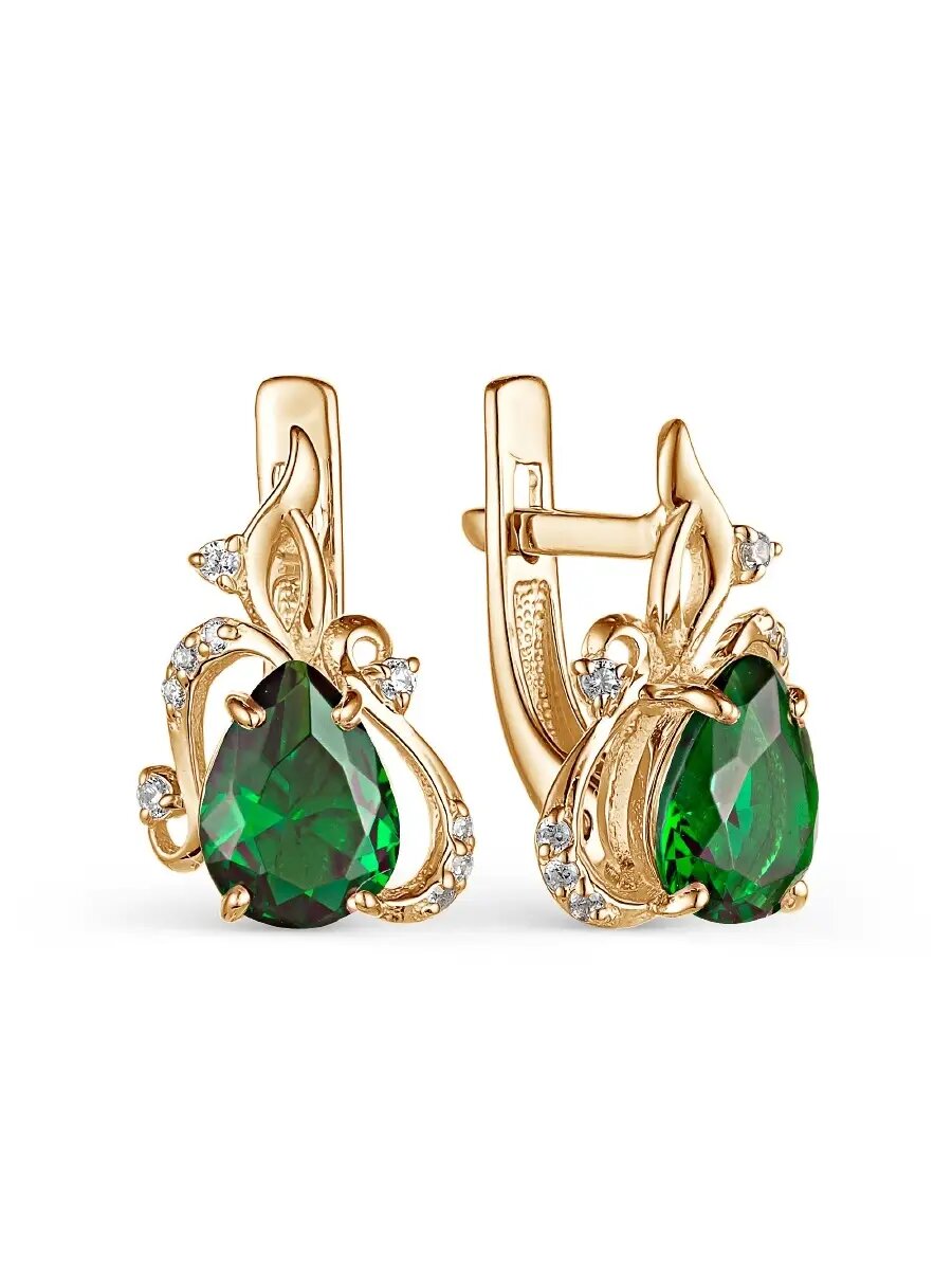 Серьги, красное золото, 585 проба, изумруд, бриллиант, изумруд синтетический