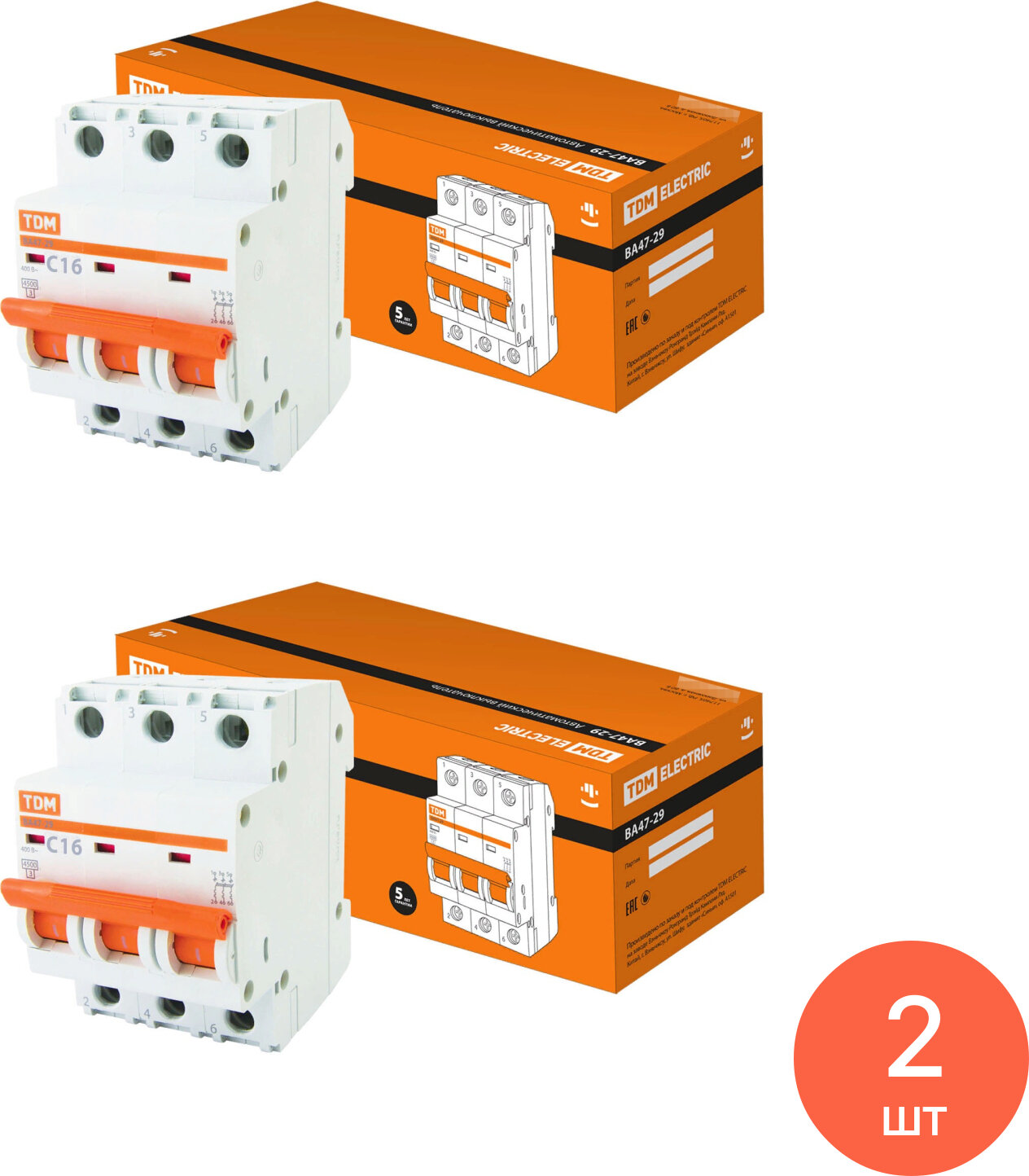 Автоматический выключатель TDM Electric / ТДМ Электрик ВА47-29 3Р 16А характеристика С 4.5кА, SQ0206-0109 / электроавтомат (комплект из 2 шт)