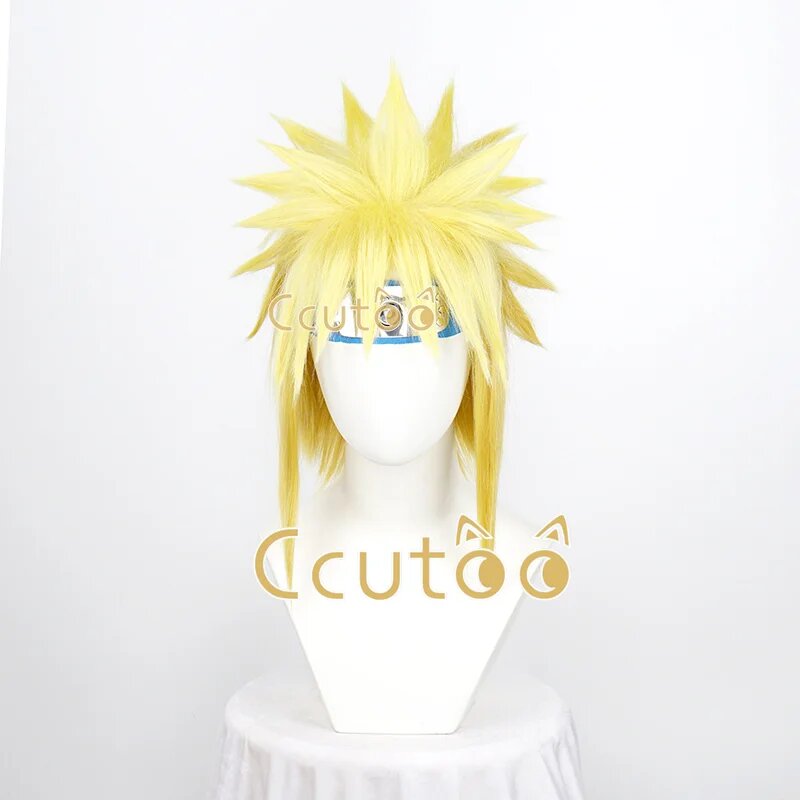 Парик для косплея Namikaze Minato, короткий, желтый, светлый, многослойный, из синтетических волос, + голубая повязка на голову + шапочка для парика