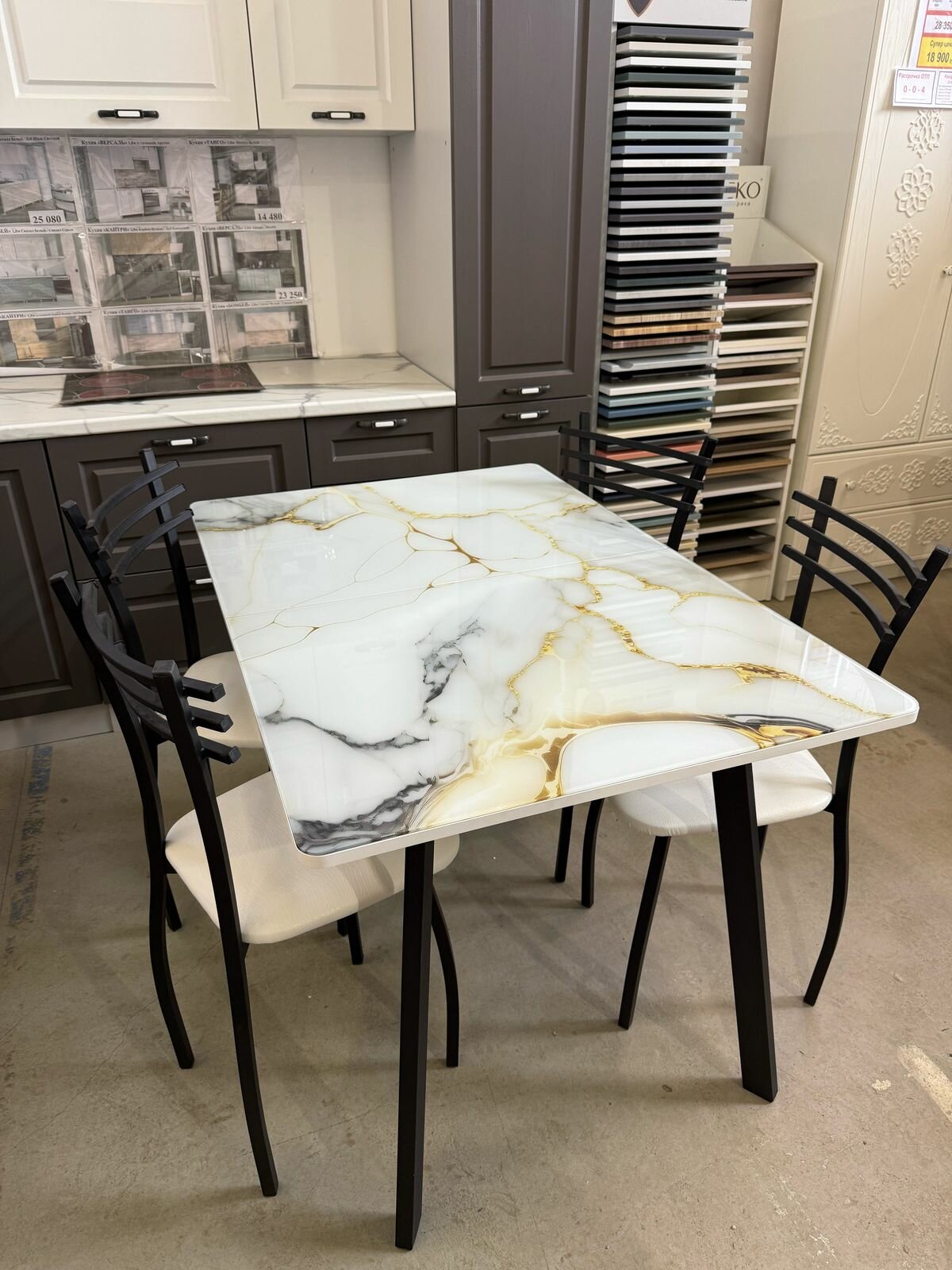 Стол кухонный Орфей 20 со стеклом мрамор золото, обеденный, раздвижной лдсп Оникс беж 120-157-80, высота 76 ноги лофт