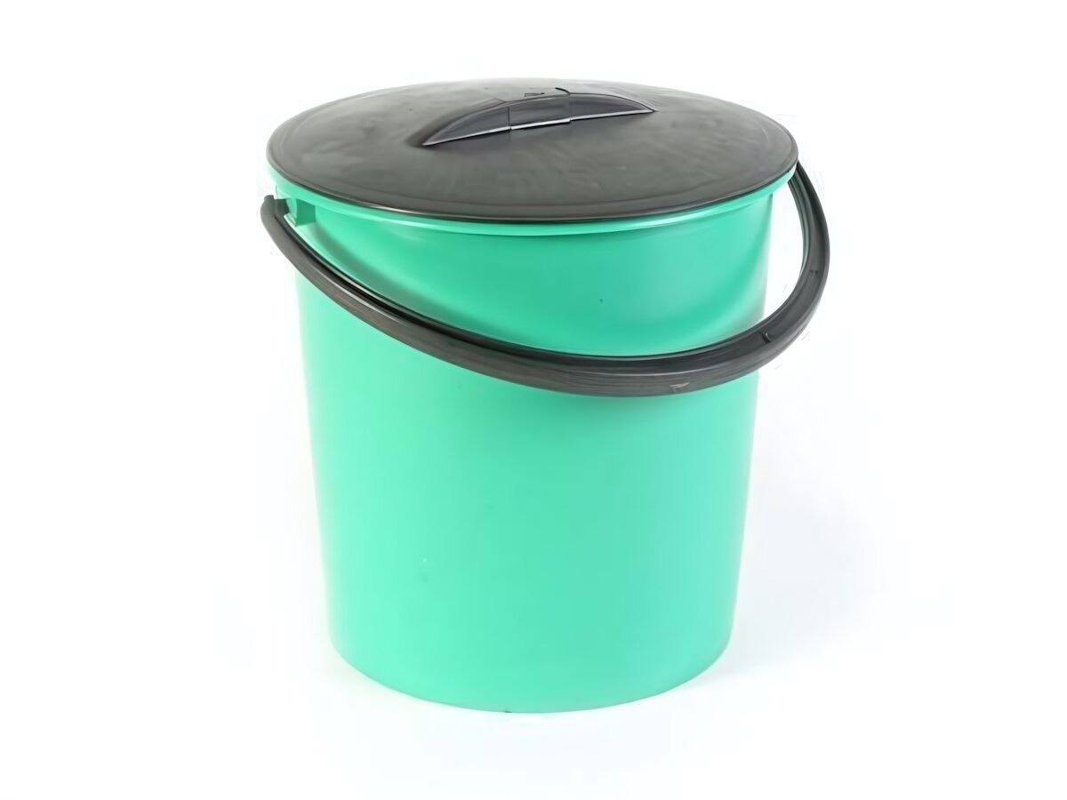 Ведро с крышкой 12л, пластик, зеленый/черный, цилиндрическая форма, удобное хранение