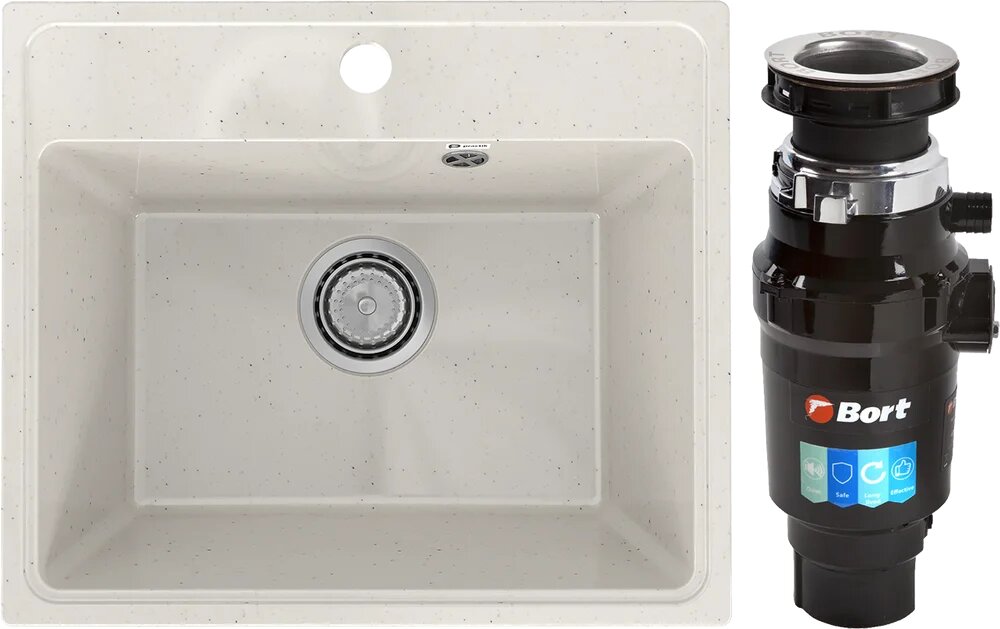 Комплект Мойка Practik PR-M 490-001, белый камень / Измельчитель Bort Master Eco