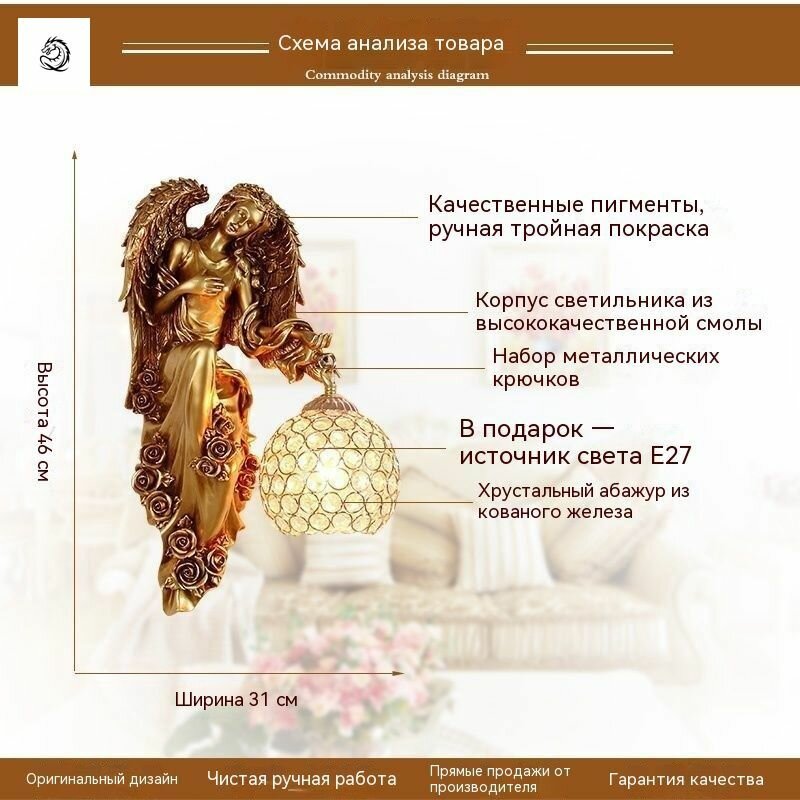 Настенный светильник в форме ангела из смолы бежевый, ретро-дизайн с энергосберегающей лампой для спальни и гостиной