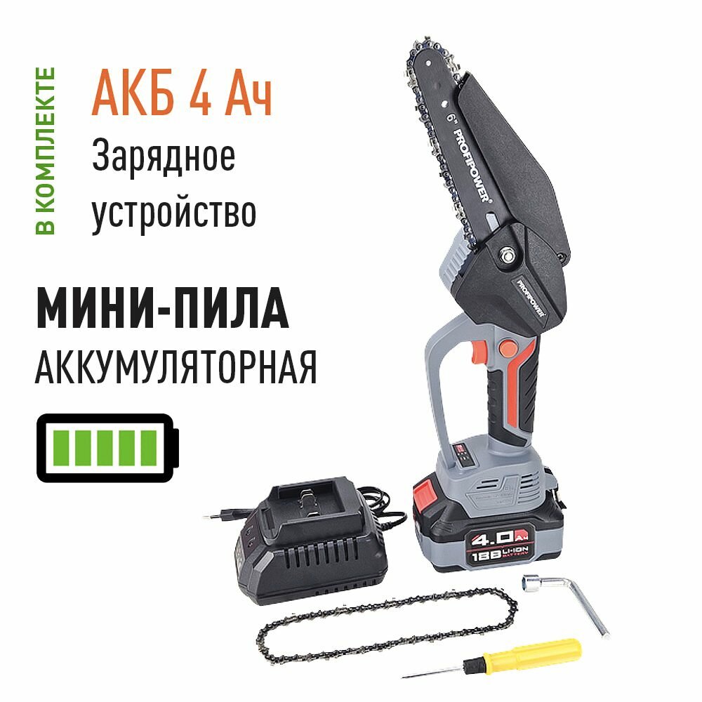 Пила цепная аккумуляторная бесщеточная MKGST-18V 4"(Li-ion , 4Ач, ЗУ, коробка) ProfiPower Max