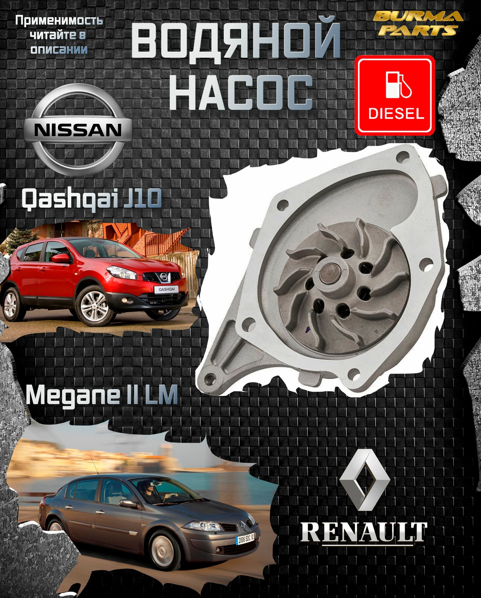 Насос водяной помпа Ниссан Кашкай / Qashqai J10E, Рено Меган 2, Судзуки Джимни 3 /Jimny III ZIKMAR OEM: 7701478031