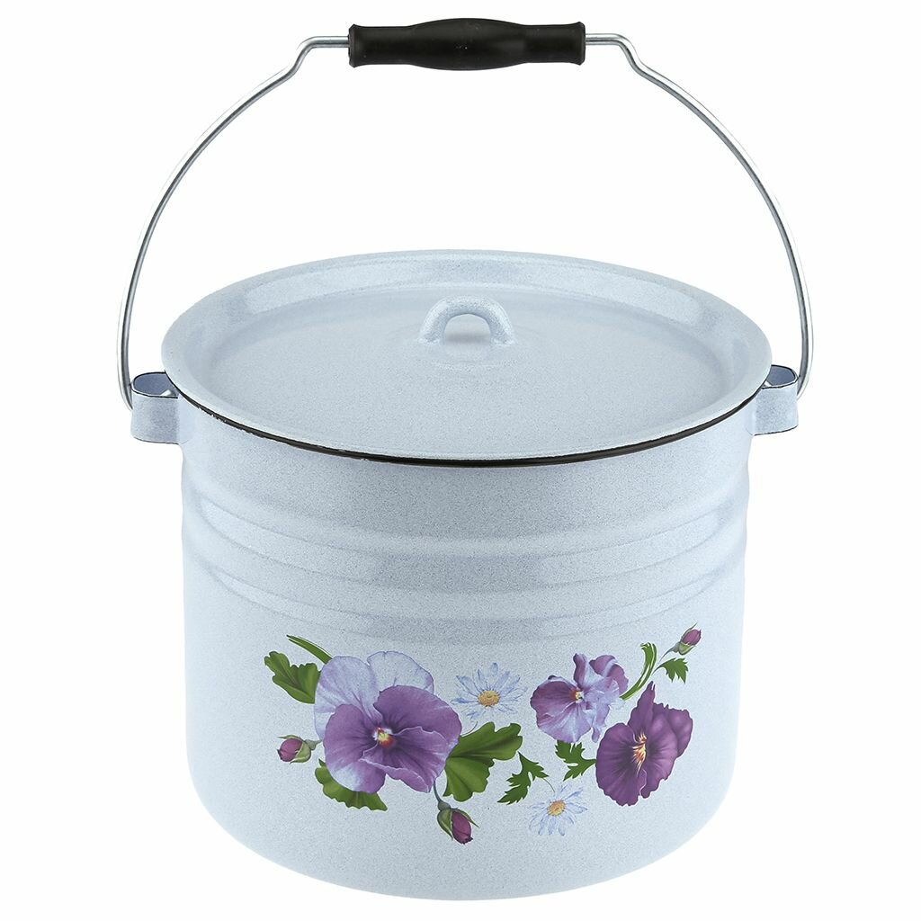 Ведро эмалированное Лысьвенские эмали с рисунком"Анютины глазки , 9 л, цельноштампованное, с металлической крышкой (С-1221Ц/4Рб)